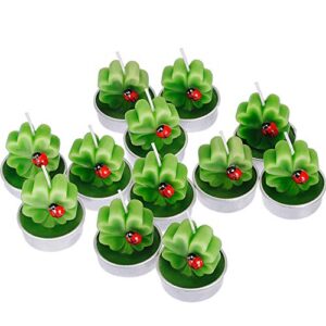 tecunite 12 pieces shamrock tealight candles handmade delicate clover candles for st. patrick party day wedding spa home decoration gifts (style f)