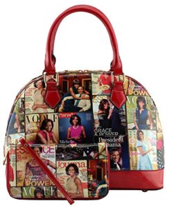 glossy magazine cover collage dome satchel bag purses bowling bag michelle obama bags with wallet set 2 in 1 (multi/rd)