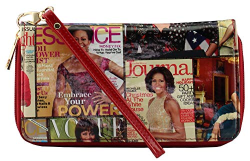 Glossy magazine cover collage dome satchel bag purses bowling bag Michelle Obama bags with wallet set 2 in 1 (MULTI/RD)