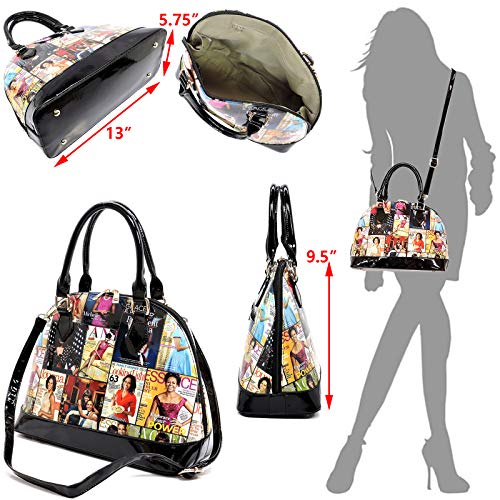 Glossy magazine cover collage dome satchel bag purses bowling bag Michelle Obama bags with wallet set 2 in 1 (MULTI/RD)