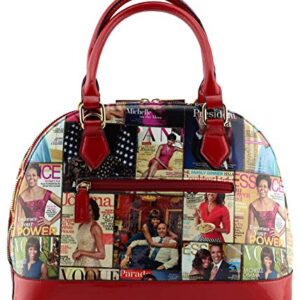 Glossy magazine cover collage dome satchel bag purses bowling bag Michelle Obama bags with wallet set 2 in 1 (MULTI/RD)