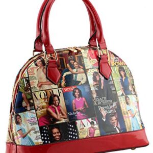 Glossy magazine cover collage dome satchel bag purses bowling bag Michelle Obama bags with wallet set 2 in 1 (MULTI/RD)