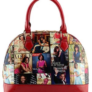 Glossy magazine cover collage dome satchel bag purses bowling bag Michelle Obama bags with wallet set 2 in 1 (MULTI/RD)