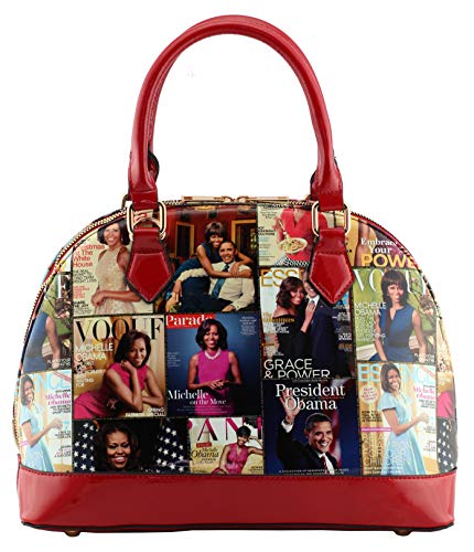 Glossy magazine cover collage dome satchel bag purses bowling bag Michelle Obama bags with wallet set 2 in 1 (MULTI/RD)