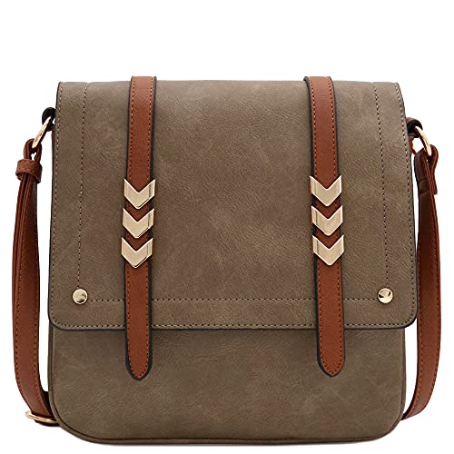 ALYSSA Double Compartment Large Flapover Crossbody Bag with Colorblock Straps (Stone/Brown)