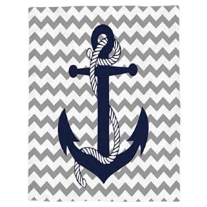 Flannel Fleece Luxury Lightweight Cozy Couch/Bed Super Soft Warm Plush Microfiber Throw Blanket,Nautical Navy Anchor with Gray and White Chevron (50 x 80 Inches)