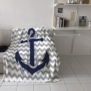 Flannel Fleece Luxury Lightweight Cozy Couch/Bed Super Soft Warm Plush Microfiber Throw Blanket,Nautical Navy Anchor with Gray and White Chevron (50 x 80 Inches)