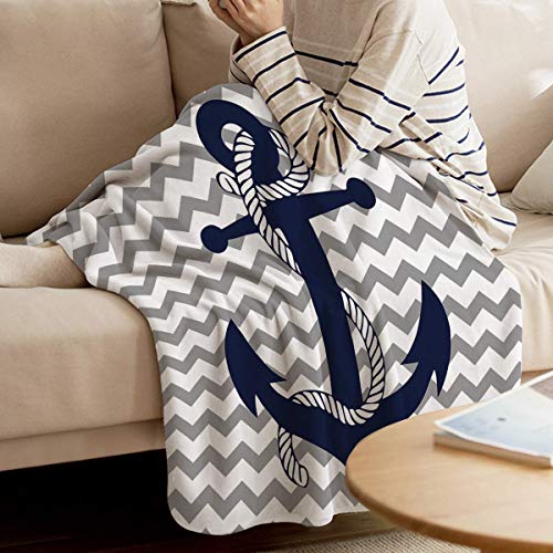 Flannel Fleece Luxury Lightweight Cozy Couch/Bed Super Soft Warm Plush Microfiber Throw Blanket,Nautical Navy Anchor with Gray and White Chevron (50 x 80 Inches)