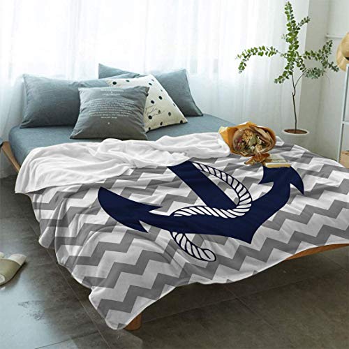 Flannel Fleece Luxury Lightweight Cozy Couch/Bed Super Soft Warm Plush Microfiber Throw Blanket,Nautical Navy Anchor with Gray and White Chevron (50 x 80 Inches)