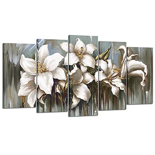 Kreative Arts 5 Panel Flowers Canvas Wall Art Modern Wrapped Floral Artwork Giclee Canvas Prints White and Grey Tulip Paintings on Canvas Ready to Hang for Living Room (Large Size 60x32inch)