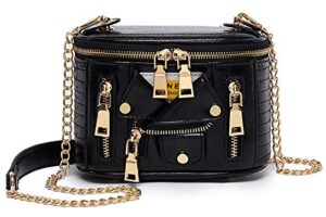 qzunique motorcycle jacket shoulderbag pu leather handbag punk style crossbody bag rivet purse lapel collar bag with chain black