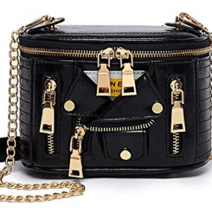 QZUnique Motorcycle Jacket Shoulderbag PU Leather Handbag Punk Style Crossbody Bag Rivet Purse Lapel Collar Bag with Chain Black