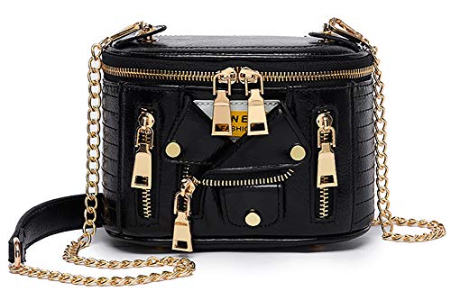 QZUnique Motorcycle Jacket Shoulderbag PU Leather Handbag Punk Style Crossbody Bag Rivet Purse Lapel Collar Bag with Chain Black