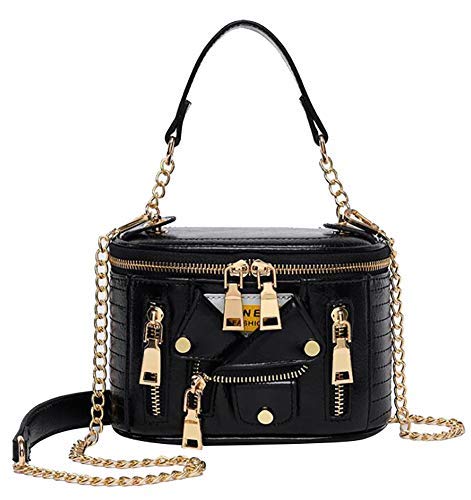 QZUnique Motorcycle Jacket Shoulderbag PU Leather Handbag Punk Style Crossbody Bag Rivet Purse Lapel Collar Bag with Chain Black