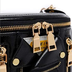 QZUnique Motorcycle Jacket Shoulderbag PU Leather Handbag Punk Style Crossbody Bag Rivet Purse Lapel Collar Bag with Chain Black