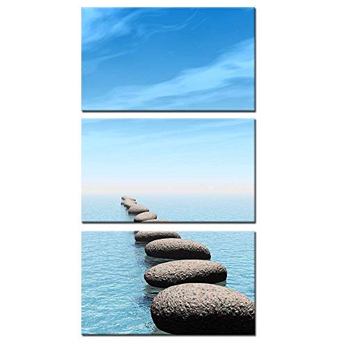 Kreative Arts - Zen Stone Canvas Wall Art Seascape Picture Prints Vertical Triptych Stretched on Wood Frame for Home and Office Decor Wall Hanging 12x20inchx3pcs