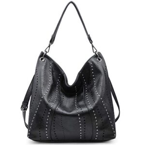 ladies large hobo shoulder bag bucket handbag purse for women with studs vegan leather black