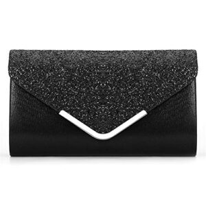 Yuanlar Womens Glitter Envelope Wedding Clutches Evening Bags Shoulder Chain Purse (Black)