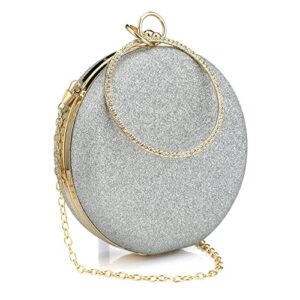 women’s round ball clutch rhinestone ring handle designer wristlets handbag purse wedding party prom evening bag (silver)