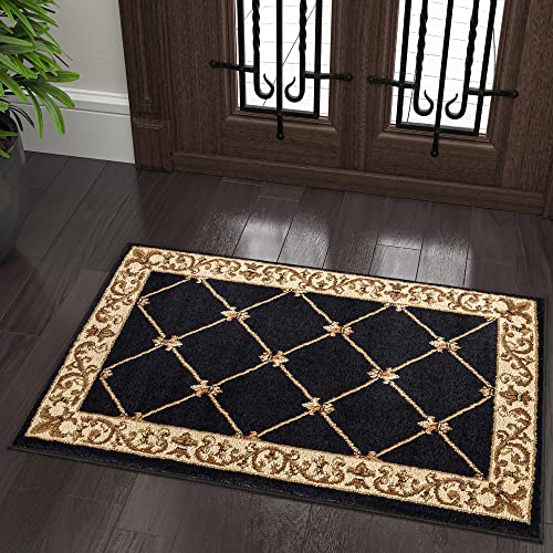 Orleans Traditional Border Black Scatter Mat Rug, 2' x 3'