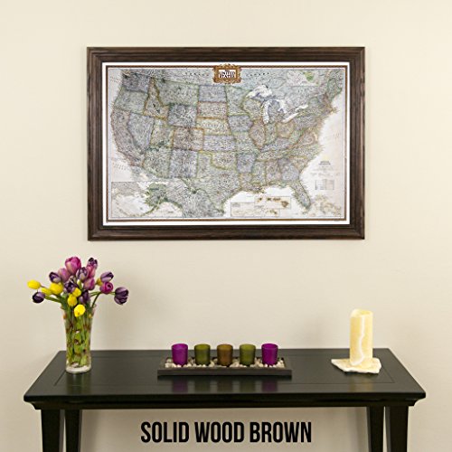 Executive US Push Pin Travel Map with Solid Wood Brown Frame and Pins - 27.5 inches x 39.5 inches