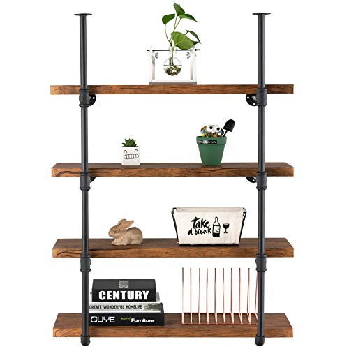 Mecor Industrial Wall Shelf 4-Tier with Planks, Wall Mount Iron Pipe Shelves, Wood and Metal Frame Wall Bookcase