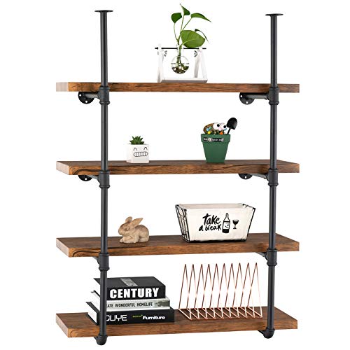 Mecor Industrial Wall Shelf 4-Tier with Planks, Wall Mount Iron Pipe Shelves, Wood and Metal Frame Wall Bookcase