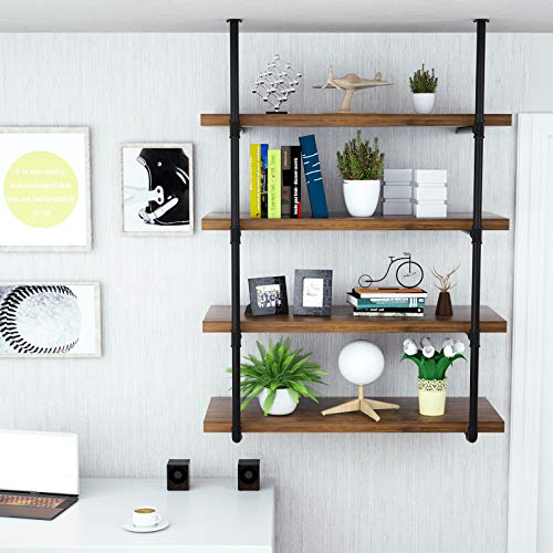 Mecor Industrial Wall Shelf 4-Tier with Planks, Wall Mount Iron Pipe Shelves, Wood and Metal Frame Wall Bookcase