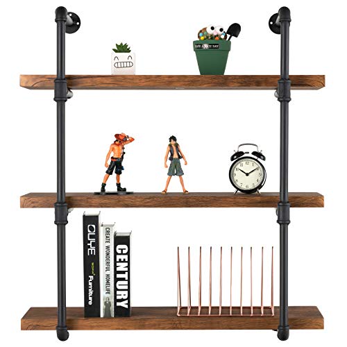 mecor Industrial Pipe Shelves with Wood 3 - Tiers, Rustic Wall Mount Shelf 35.1in,Metal Hung Bracket Bookshelf,DIY Storage Shelving Floating Shelves