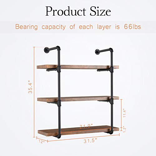 mecor Industrial Pipe Shelves with Wood 3 - Tiers, Rustic Wall Mount Shelf 35.1in,Metal Hung Bracket Bookshelf,DIY Storage Shelving Floating Shelves