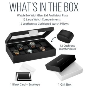 Glenor Co Watch Box for Men - 12 Slot Luxurious & Masculine Carbon Fiber Textured Watch Case, Sturdy Hinges, Large Watch Holder, Glass Top Watch Organizer for Men - Metal Accents - Black