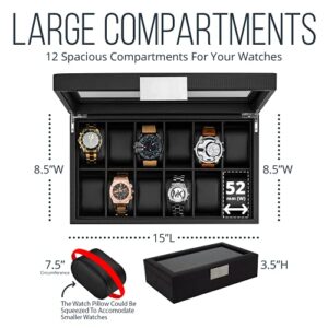 Glenor Co Watch Box for Men - 12 Slot Luxurious & Masculine Carbon Fiber Textured Watch Case, Sturdy Hinges, Large Watch Holder, Glass Top Watch Organizer for Men - Metal Accents - Black