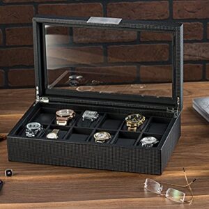 Glenor Co Watch Box for Men - 12 Slot Luxurious & Masculine Carbon Fiber Textured Watch Case, Sturdy Hinges, Large Watch Holder, Glass Top Watch Organizer for Men - Metal Accents - Black