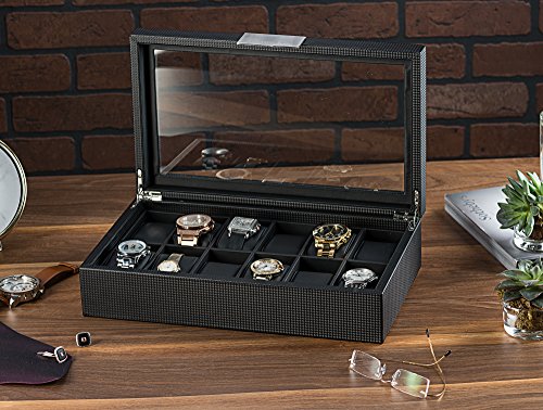 Glenor Co Watch Box for Men - 12 Slot Luxurious & Masculine Carbon Fiber Textured Watch Case, Sturdy Hinges, Large Watch Holder, Glass Top Watch Organizer for Men - Metal Accents - Black