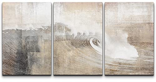 wall26 Canvas Print Wall Art Set Gray & Tan Color Block Ocean Wave Overlay Nature Wilderness Digital Art Modern Art Rustic Scenic Colorful for Living Room, Bedroom, Office - 24"x36"x3 Panels