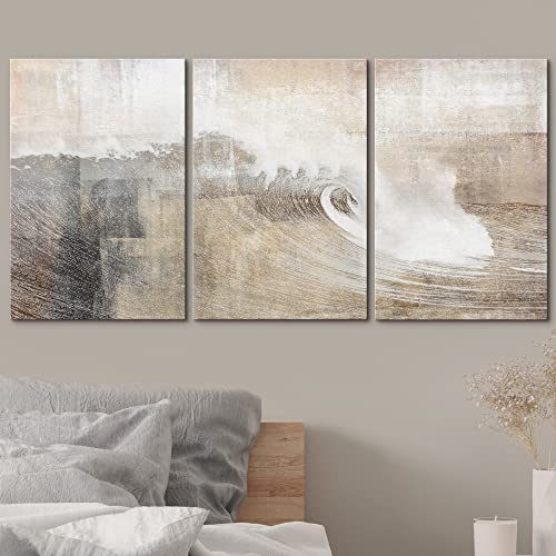 wall26 Canvas Print Wall Art Set Gray & Tan Color Block Ocean Wave Overlay Nature Wilderness Digital Art Modern Art Rustic Scenic Colorful for Living Room, Bedroom, Office - 24"x36"x3 Panels