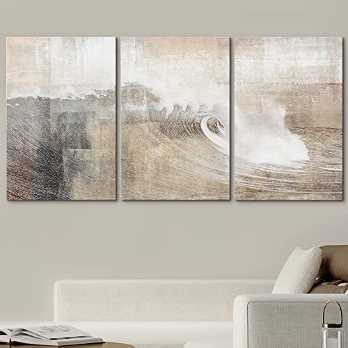 wall26 Canvas Print Wall Art Set Gray & Tan Color Block Ocean Wave Overlay Nature Wilderness Digital Art Modern Art Rustic Scenic Colorful for Living Room, Bedroom, Office - 24"x36"x3 Panels