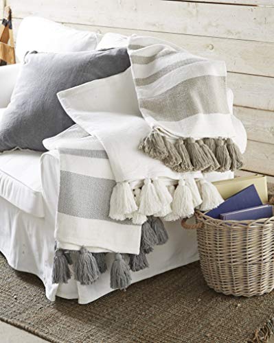 Mud Pie Woven Tassel White Throw Blanket, 50" x 61"