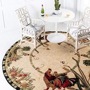 Unique Loom Barnyard Collection French Country Inspired Cottage Rooster Design Area Rug (4' 0 x 4' 0 Round, Ivory/Olive)