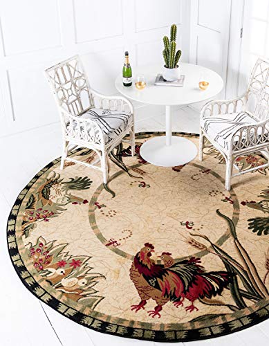 Unique Loom Barnyard Collection French Country Inspired Cottage Rooster Design Area Rug (4' 0 x 4' 0 Round, Ivory/Olive)