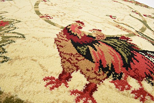 Unique Loom Barnyard Collection French Country Inspired Cottage Rooster Design Area Rug (4' 0 x 4' 0 Round, Ivory/Olive)