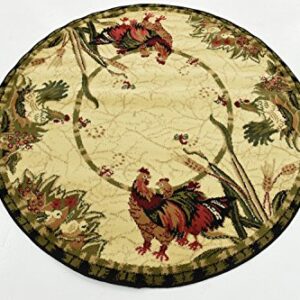 Unique Loom Barnyard Collection French Country Inspired Cottage Rooster Design Area Rug (4' 0 x 4' 0 Round, Ivory/Olive)