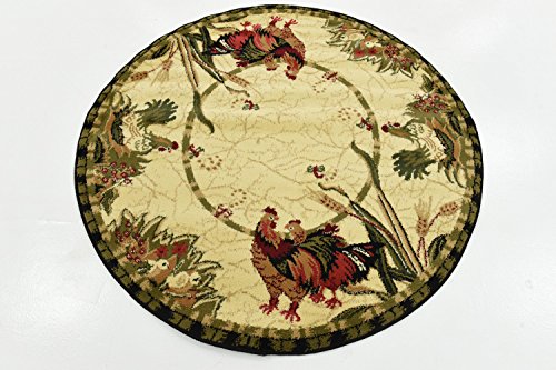 Unique Loom Barnyard Collection French Country Inspired Cottage Rooster Design Area Rug (4' 0 x 4' 0 Round, Ivory/Olive)