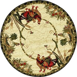 Unique Loom Barnyard Collection French Country Inspired Cottage Rooster Design Area Rug (4' 0 x 4' 0 Round, Ivory/Olive)