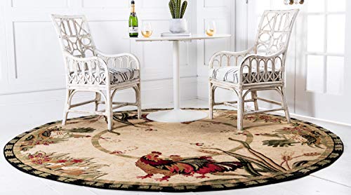 Unique Loom Barnyard Collection French Country Inspired Cottage Rooster Design Area Rug (4' 0 x 4' 0 Round, Ivory/Olive)