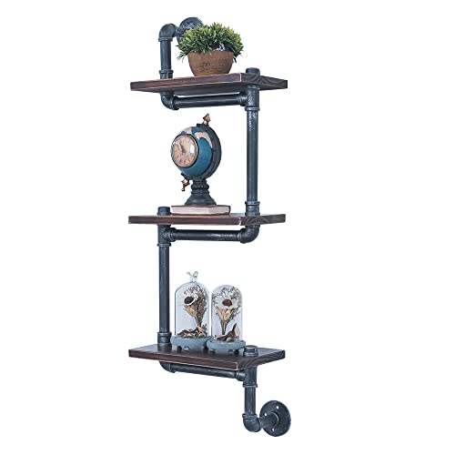 Industrial Pipe Shelving Wall Mounted,11.8in Rustic Metal Floating Shelves,Steampunk Real Wood Book Shelves,Wall Shelf Unit Bookshelf Hanging Wall Shelves,Farmhouse Kitchen Bar Shelving(3 Tier)