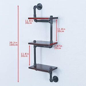 Industrial Pipe Shelving Wall Mounted,11.8in Rustic Metal Floating Shelves,Steampunk Real Wood Book Shelves,Wall Shelf Unit Bookshelf Hanging Wall Shelves,Farmhouse Kitchen Bar Shelving(3 Tier)