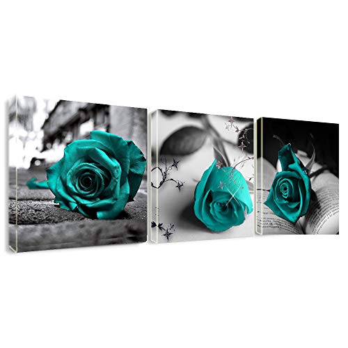 Canvas Wall Art Teal Rose Flowers Pictures Wall Decor -36" x 12" Gray Canvas Prints Painting Framed for Bathroom Bedroom Home Decor