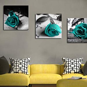 Canvas Wall Art Teal Rose Flowers Pictures Wall Decor -36" x 12" Gray Canvas Prints Painting Framed for Bathroom Bedroom Home Decor