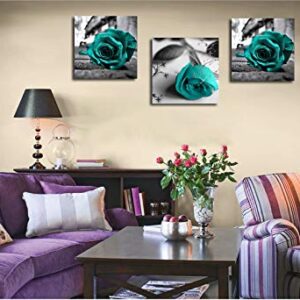 Canvas Wall Art Teal Rose Flowers Pictures Wall Decor -36" x 12" Gray Canvas Prints Painting Framed for Bathroom Bedroom Home Decor